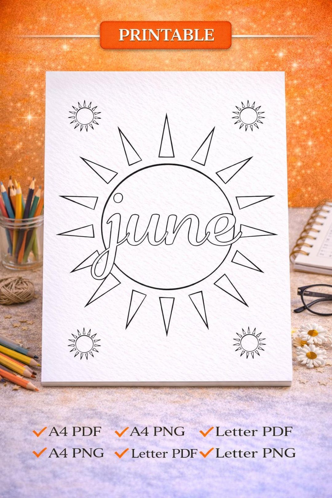 June Sun Coloring Page | Monthly Planner Cover (digital Download, PDF ...