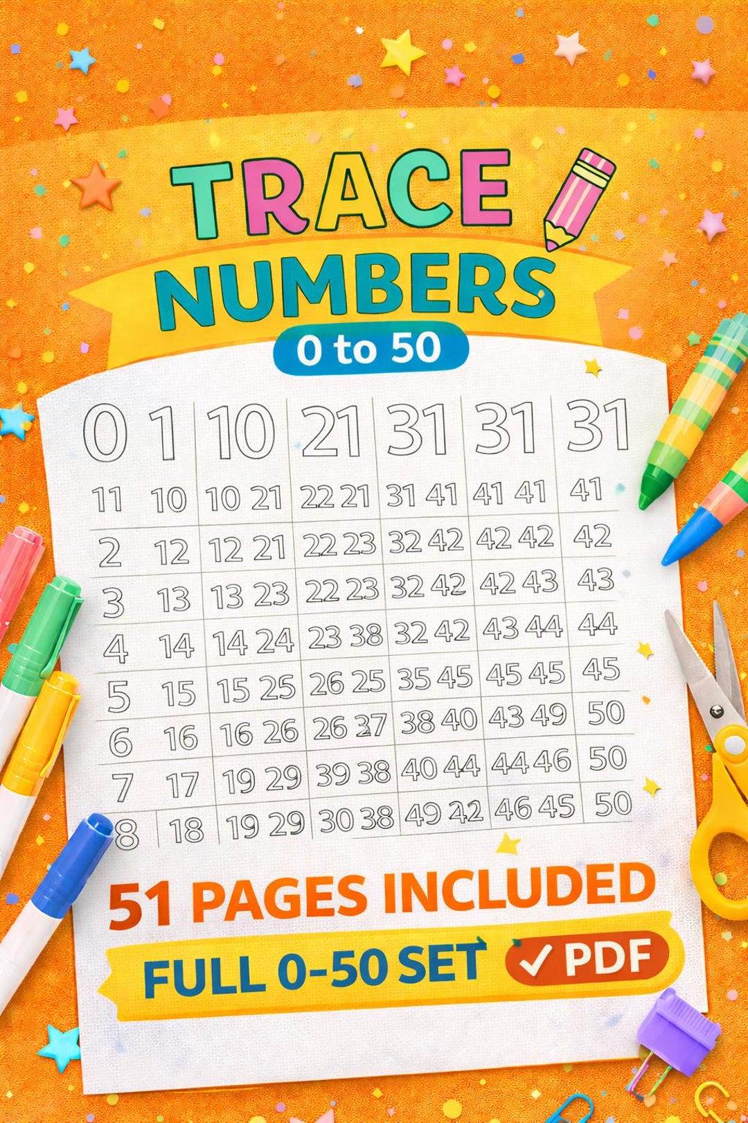 Number Tracing Worksheets 0-50 – Preschool Kindergarten Math (PDF ...