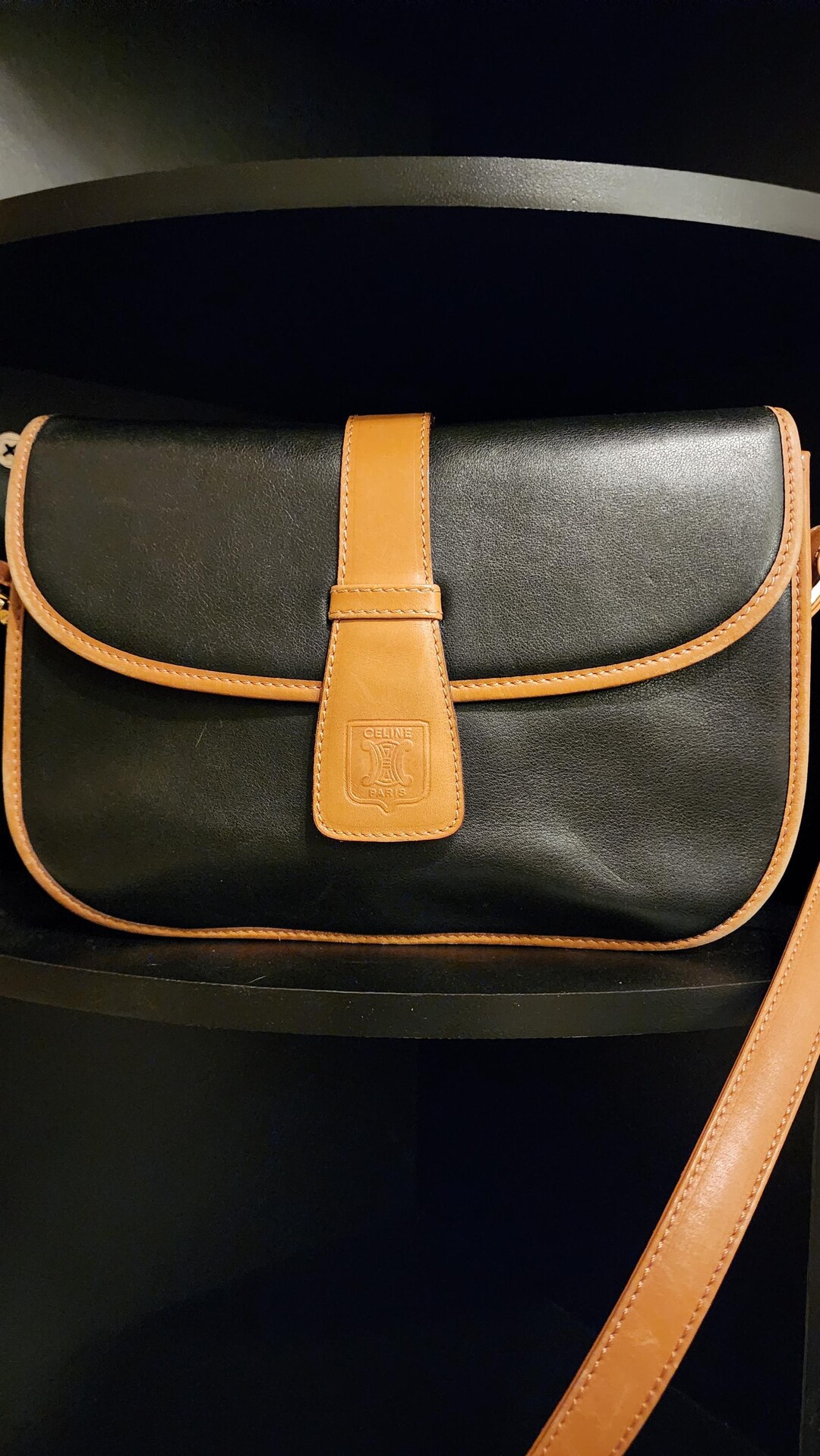 Vintage Triomphe Celine Shoulder Bag in Black Leather With Tan Leather ...