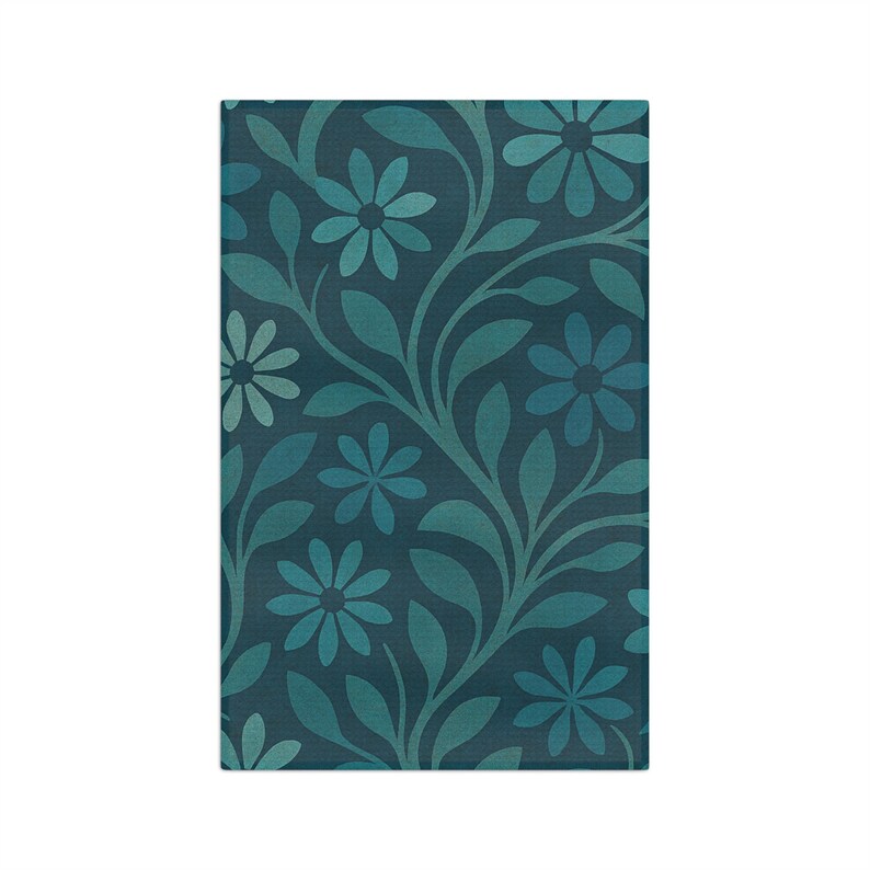 Dark Teal Daisy Floral Microfiber Tea Towel | Botanical Kitchen Linen ...