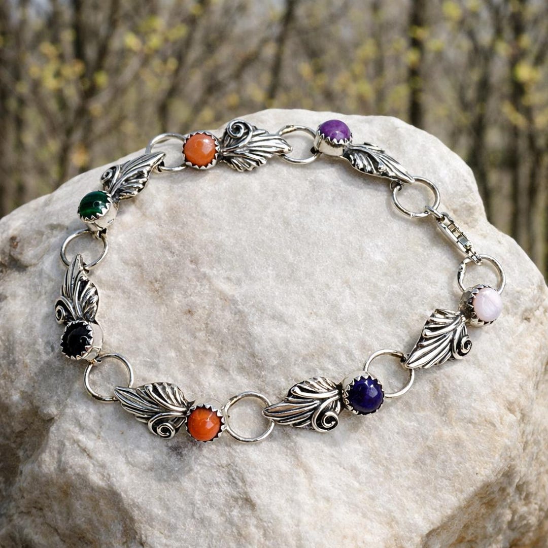 Vintage Multistone Silver Leaves Link Bracelet | Native American ...