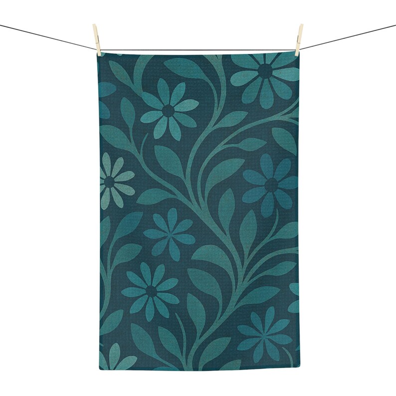 Dark Teal Daisy Floral Microfiber Tea Towel | Botanical Kitchen Linen ...