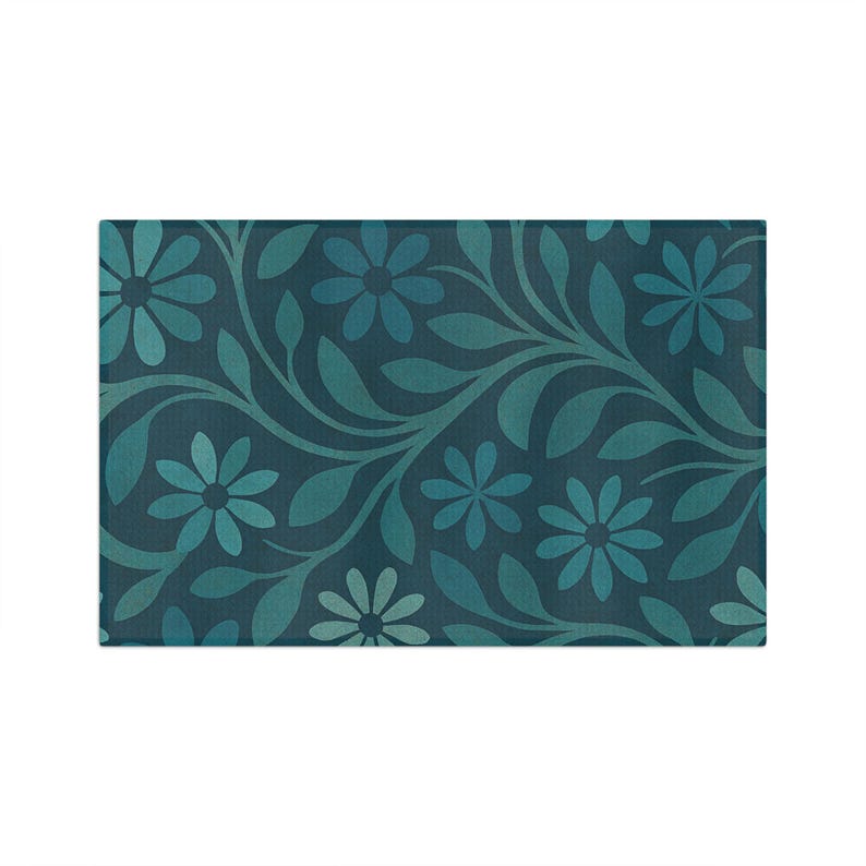 Dark Teal Daisy Floral Microfiber Tea Towel | Botanical Kitchen Linen ...