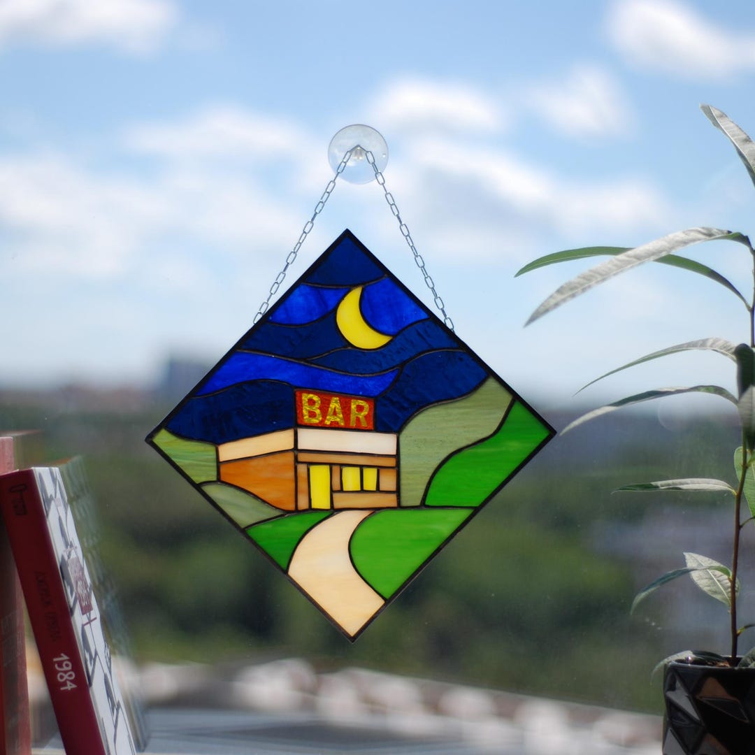 Stained Glass Window Panel BAR Sign 8x8 in – Night Sky Moon Landscape ...