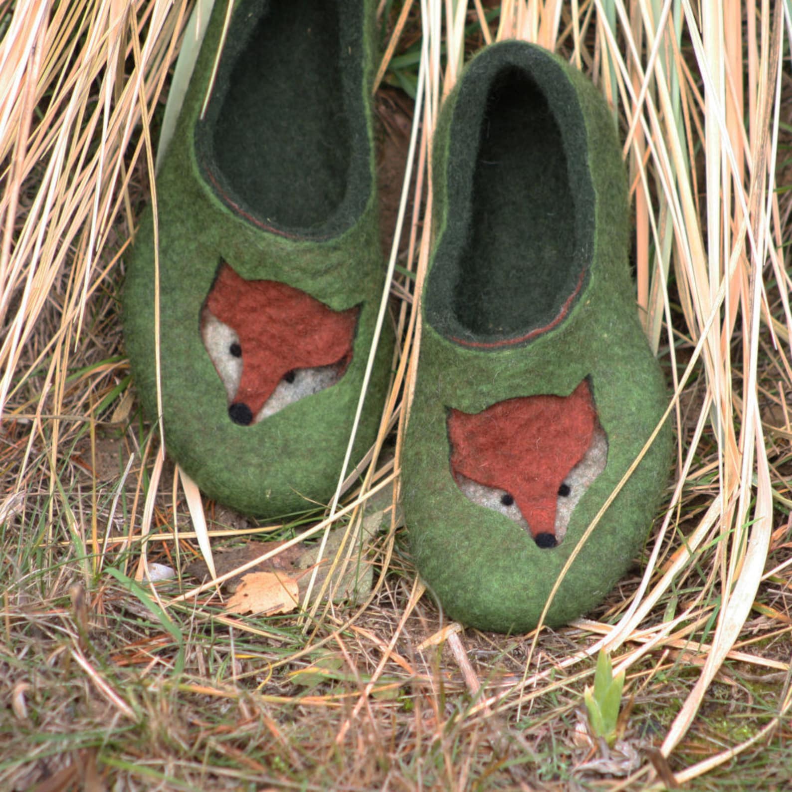 Felted Slippers for Women Green Slippers for a Fox Lover - Etsy