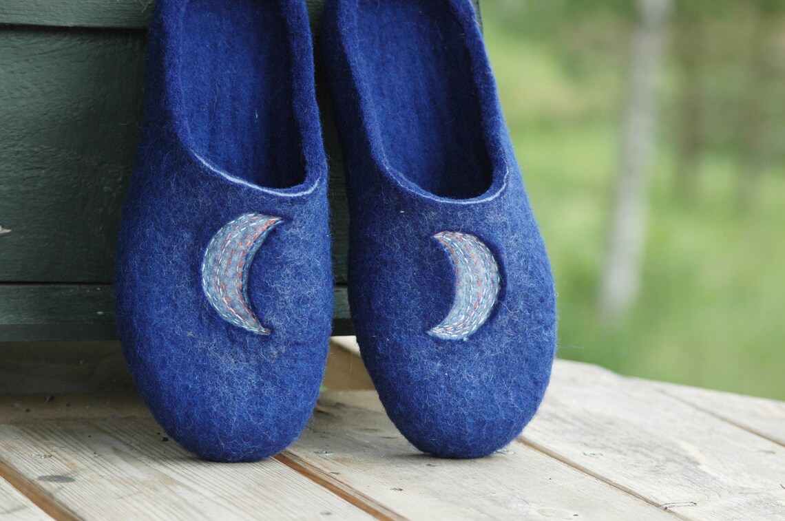 Moon Phase Felted Slippers - Navy Blue Home Shoes for Women - Etsy