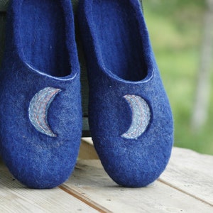 Moon Phase Felted Slippers - Navy Blue Home Shoes for Women - Etsy