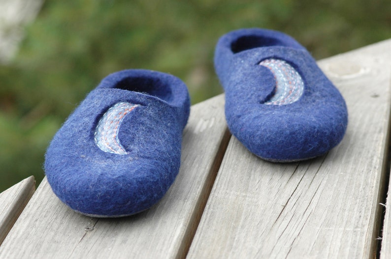 Moon Phase Felted Slippers - Navy Blue Home Shoes for Women - Etsy