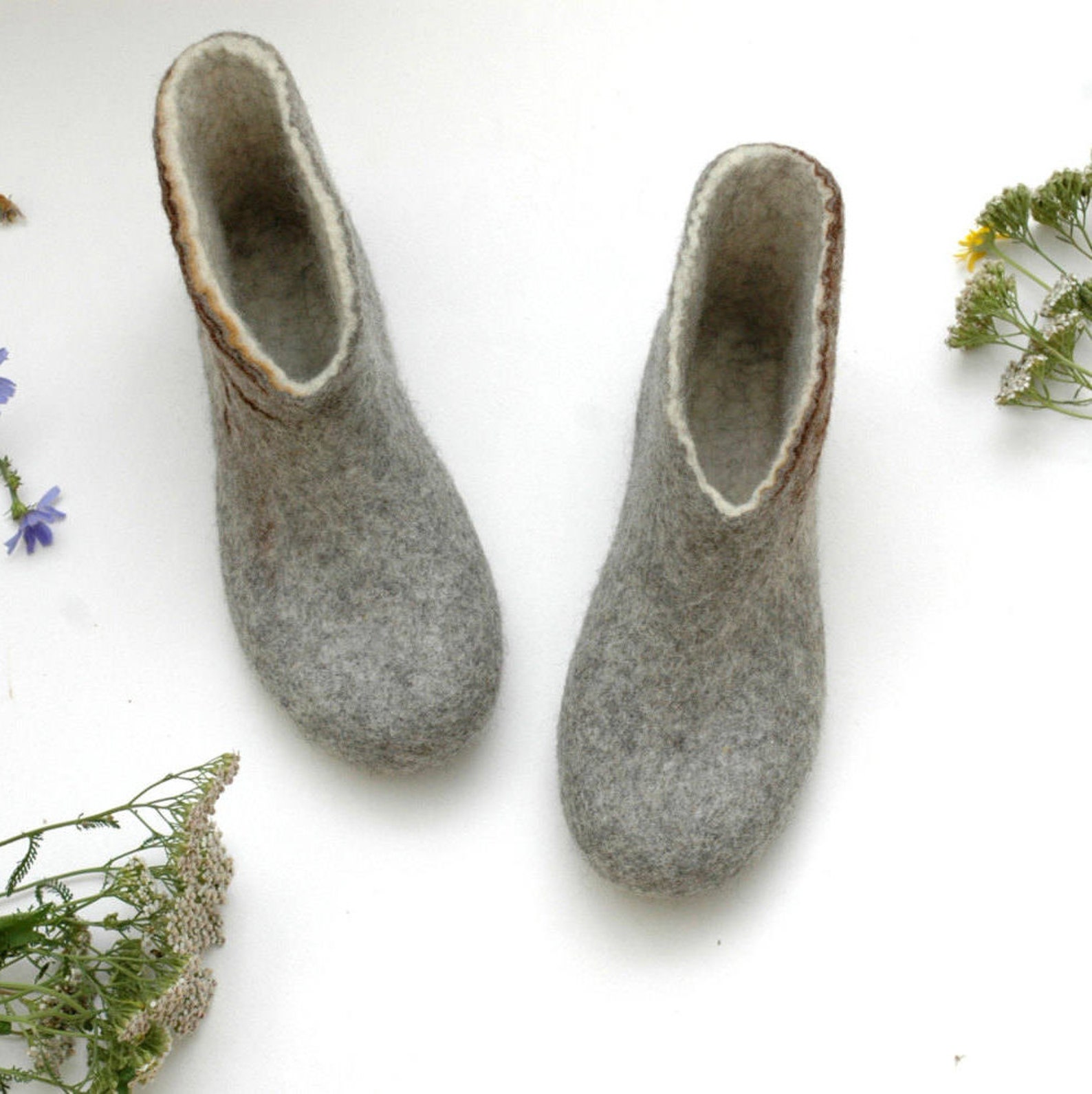 Women’s Felted Wool Booties, Grey Brown Slippers, Handmade Warm Indoor ...
