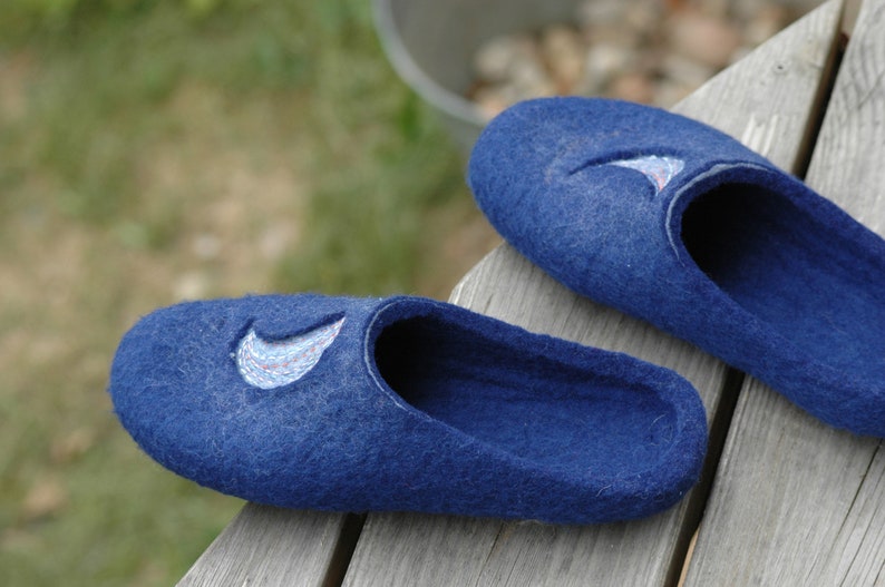 Moon Phase Felted Slippers - Navy Blue Home Shoes for Women - Etsy