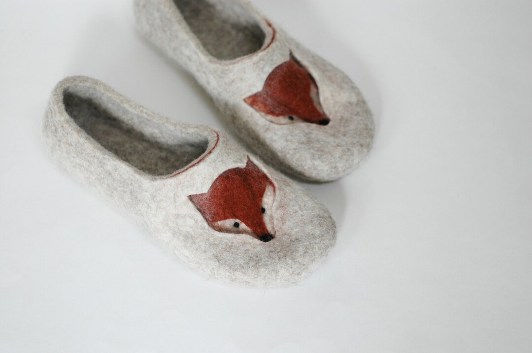Felted Slippers for Men Fox Lover Made From Natural Grey European Sheep ...