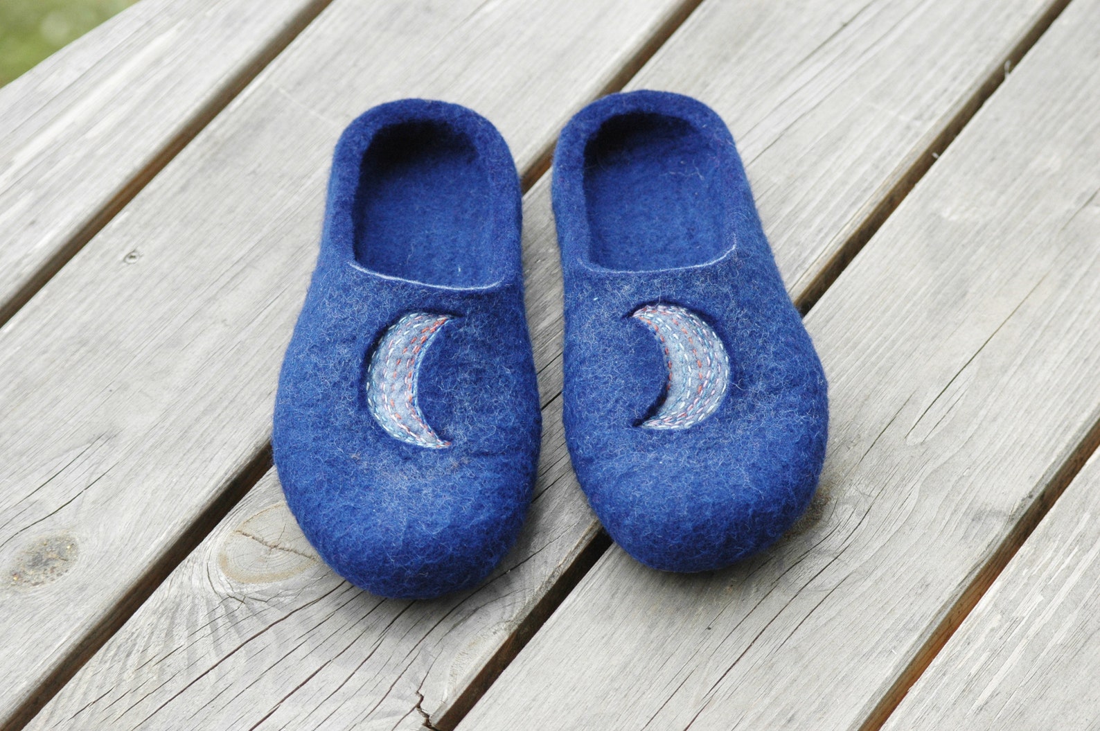 Moon Phase Felted Slippers - Navy Blue Home Shoes for Women - Etsy