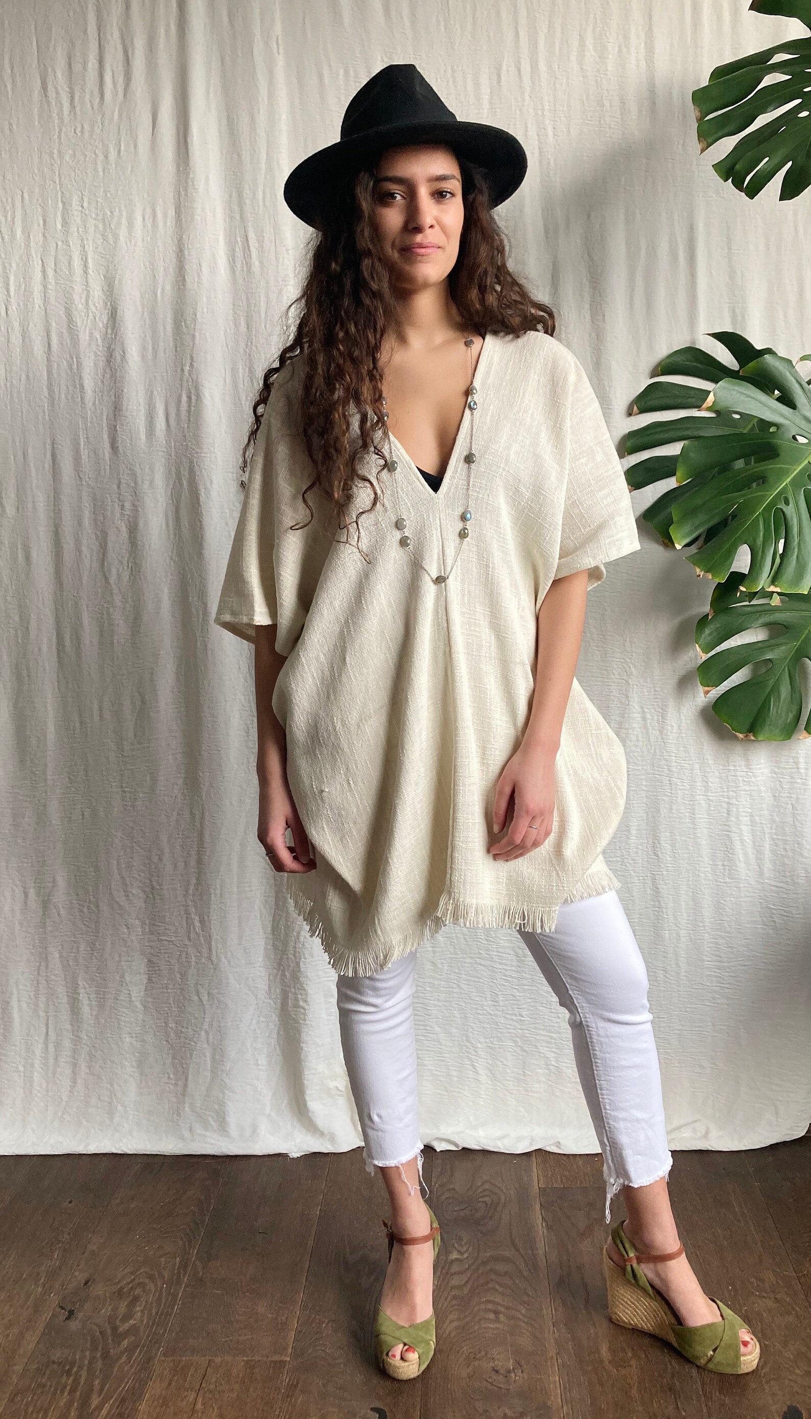 Woven cotton Poncho Dress Poncho top White | Etsy