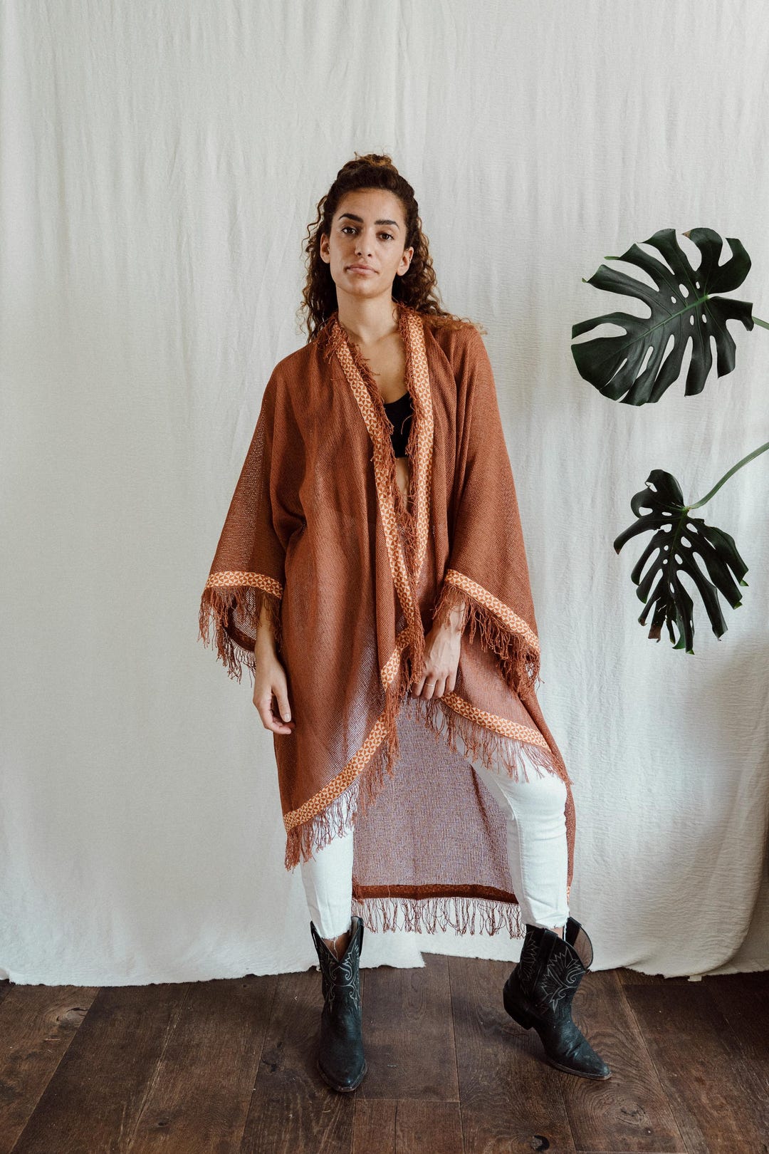 Rust Woven Summer Jacket, Cotton Block Print Triming With Frayed Edging ...