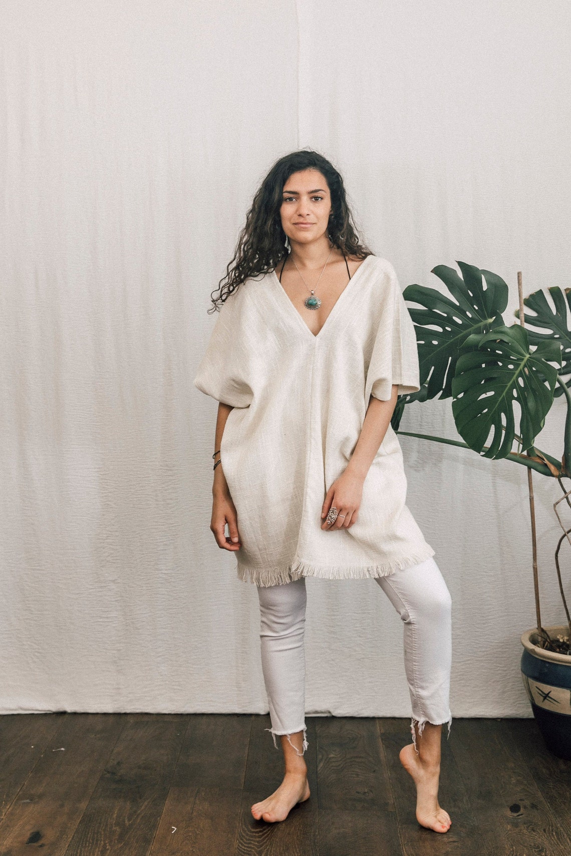 Woven cotton Poncho Dress Poncho top White | Etsy