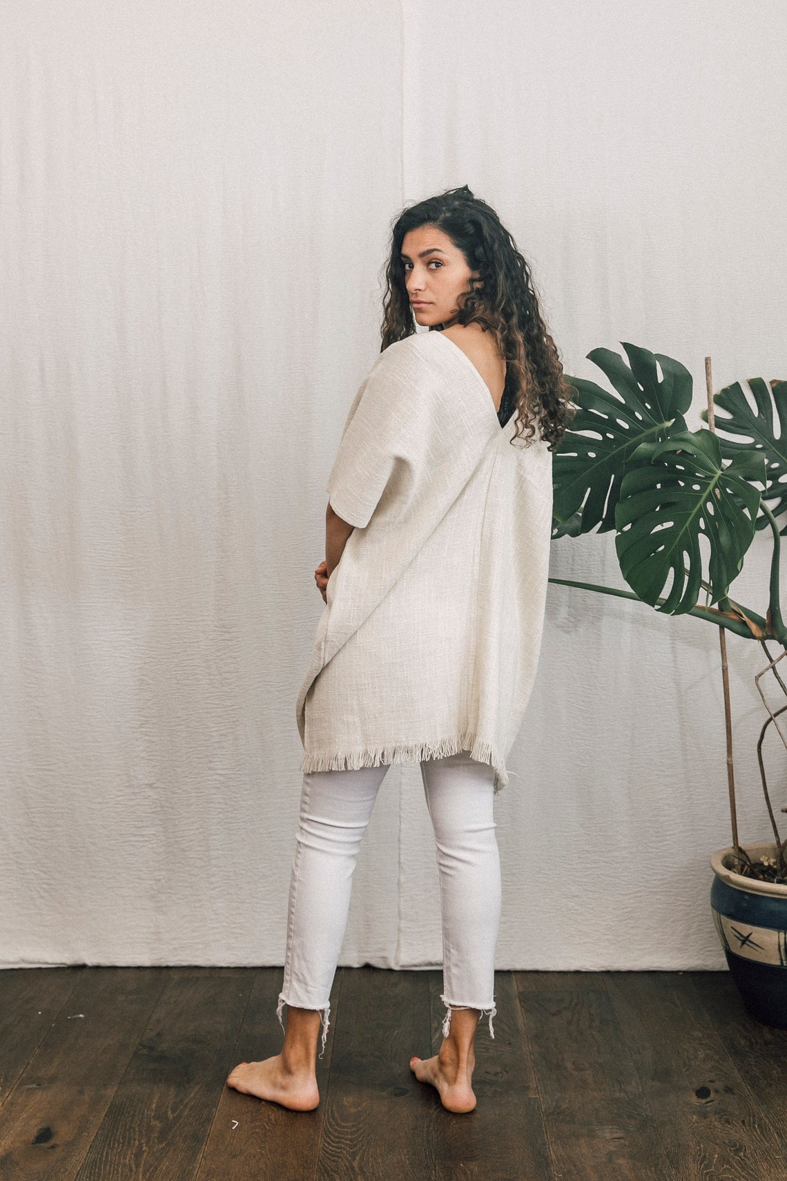 Woven cotton Poncho Dress Poncho top White | Etsy