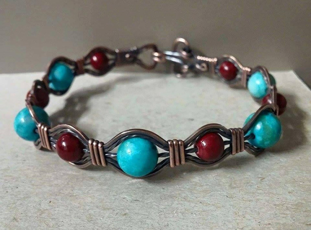 Native Vibes, Copper Bangle With Turquoise and Cranberry Quartzite - Etsy