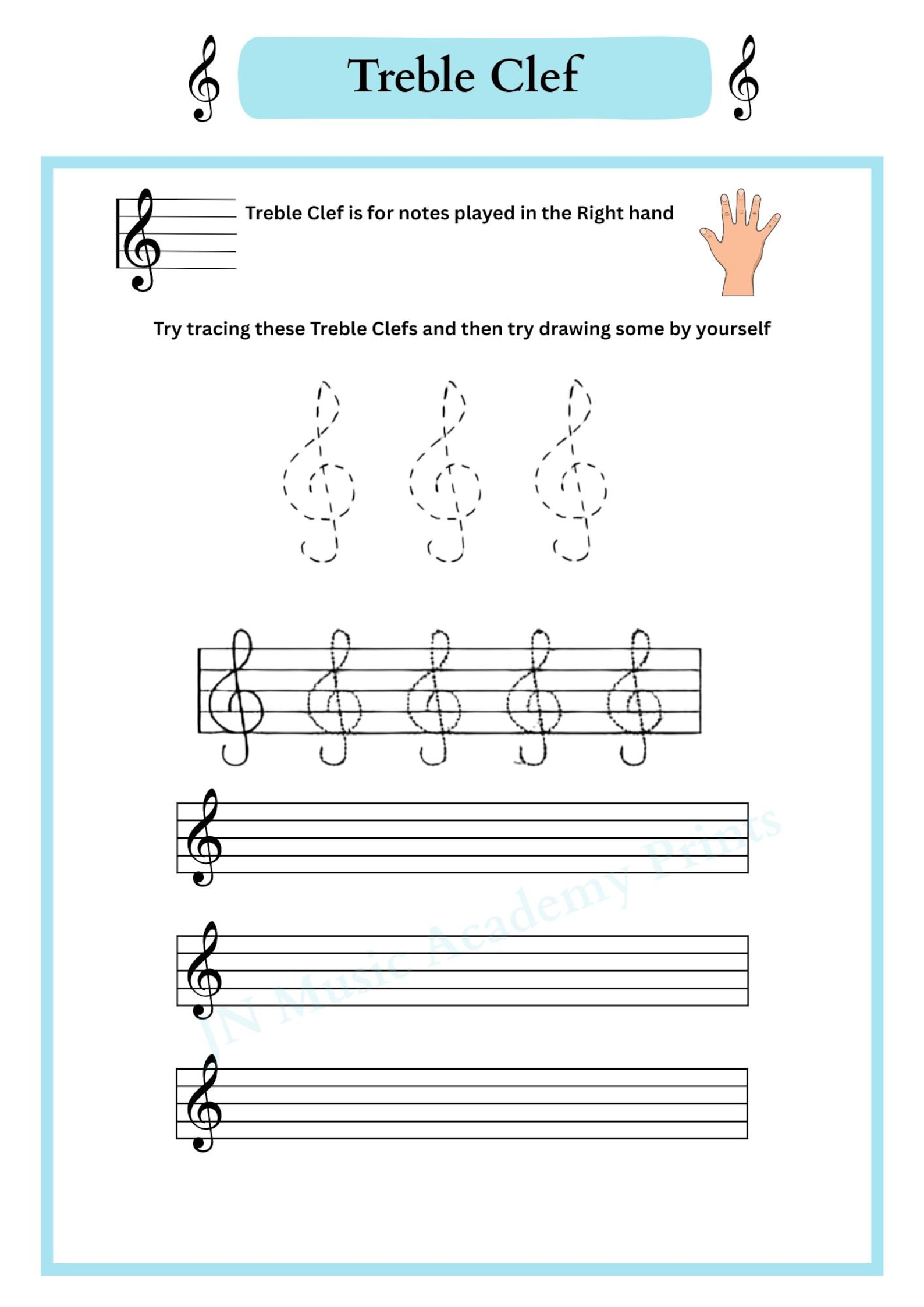 Treble Clef Worksheet With Traceable Clefs - Etsy