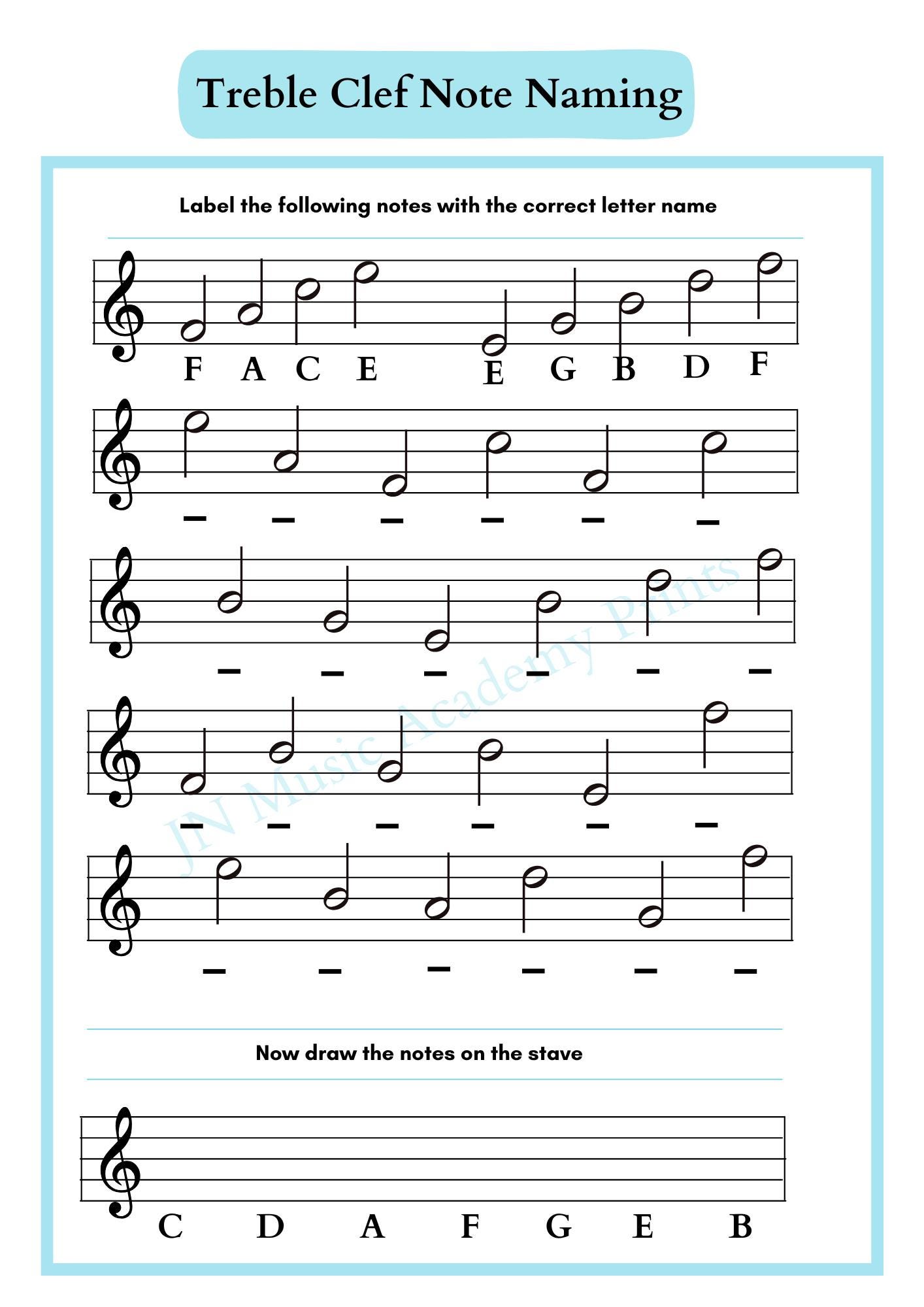 Treble Clef Note Naming Worksheet Music Theory Practice **digital ...