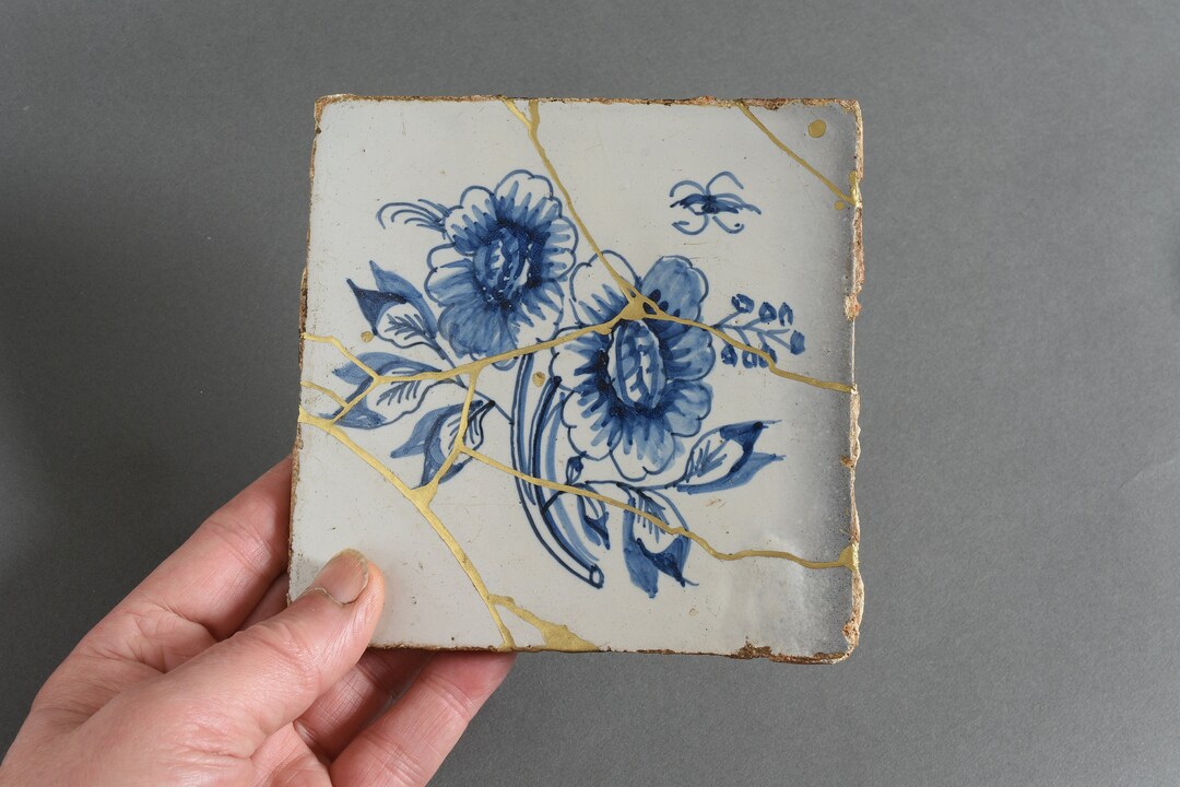 Antique 1700s DELFT Faience Tile, Large Frisian Flower W Insect, Dutch ...