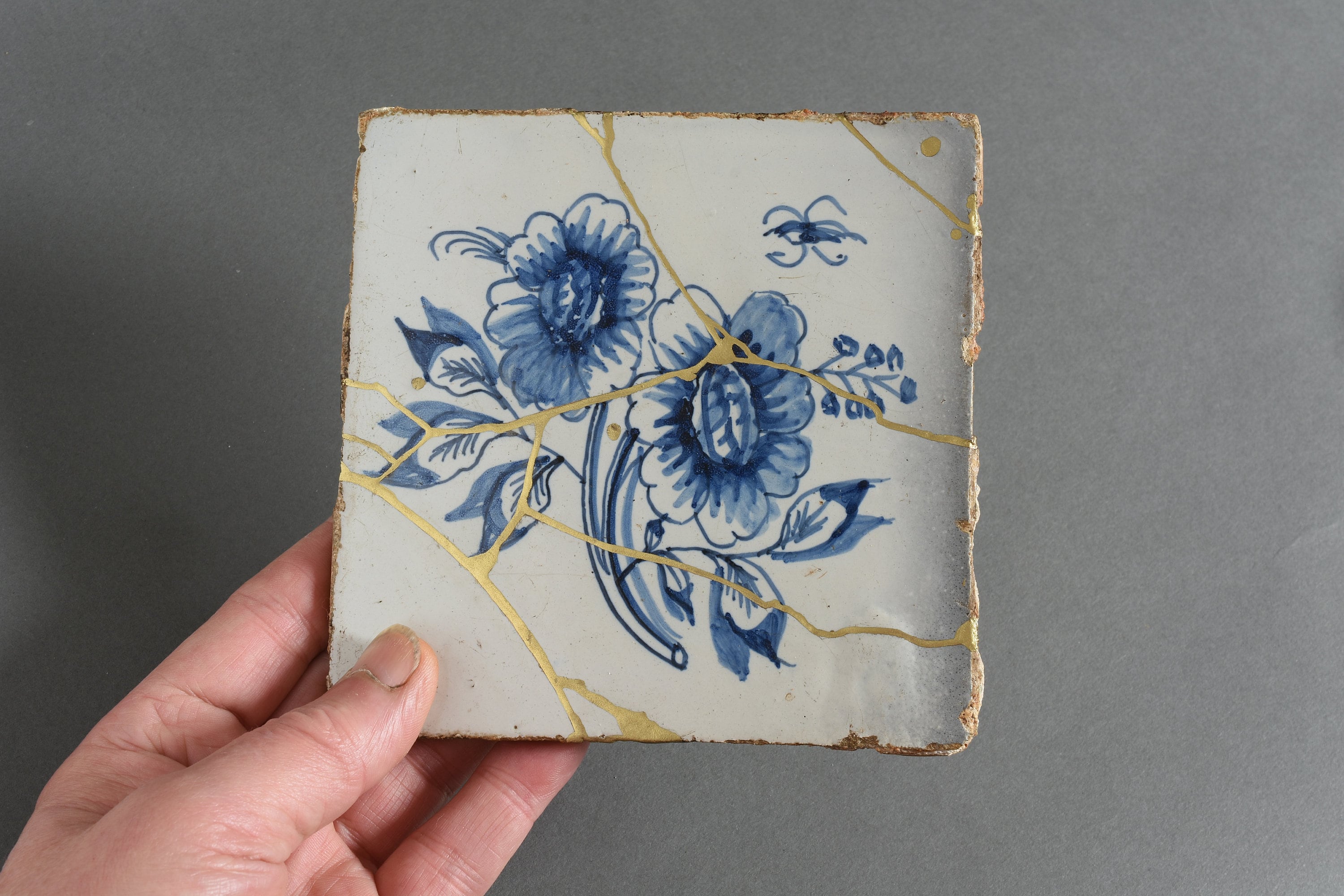 Antique 1700s DELFT Faience Tile, Large Frisian Flower W Insect, Dutch ...