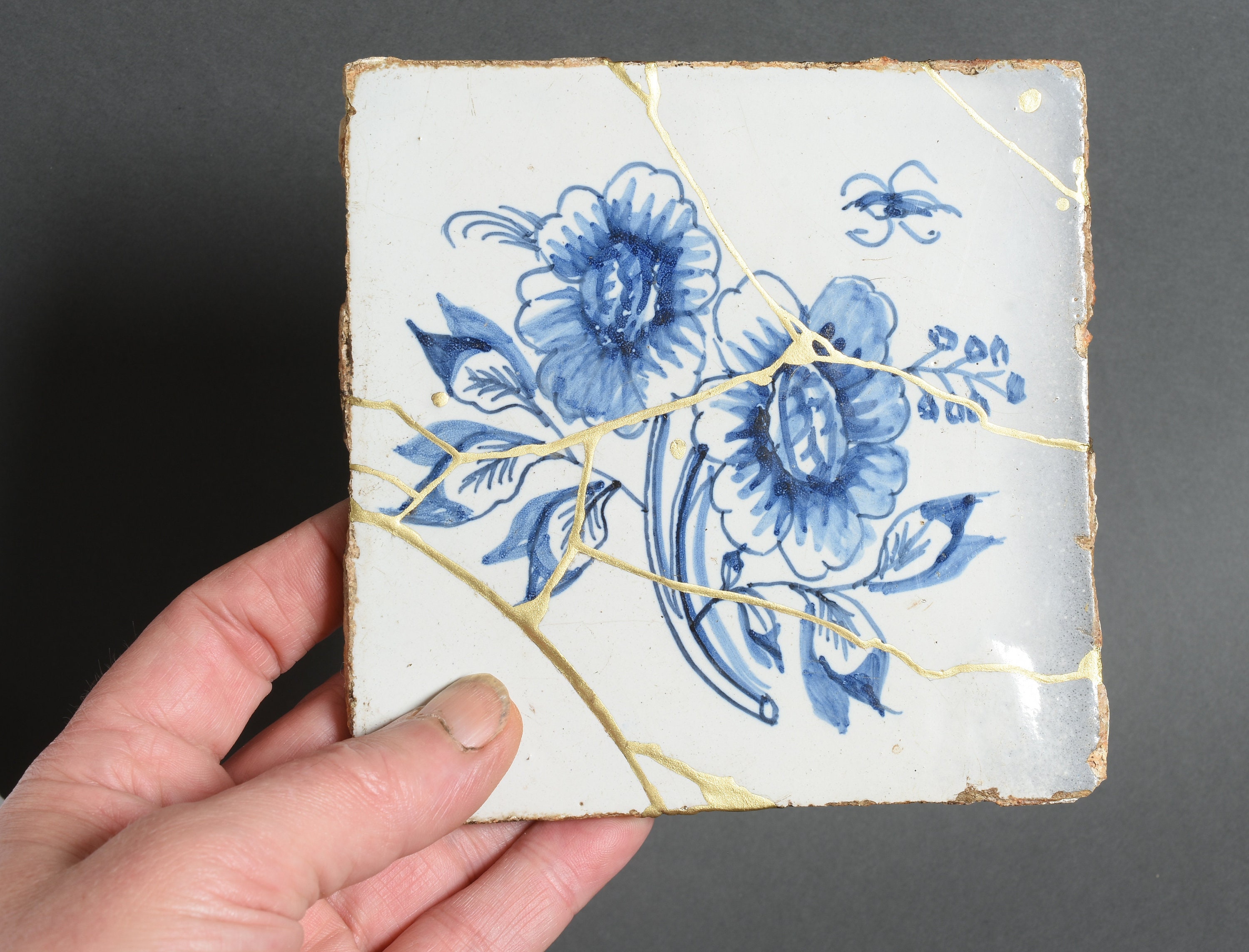 Antique 1700s DELFT Faience Tile, Large Frisian Flower W Insect, Dutch ...