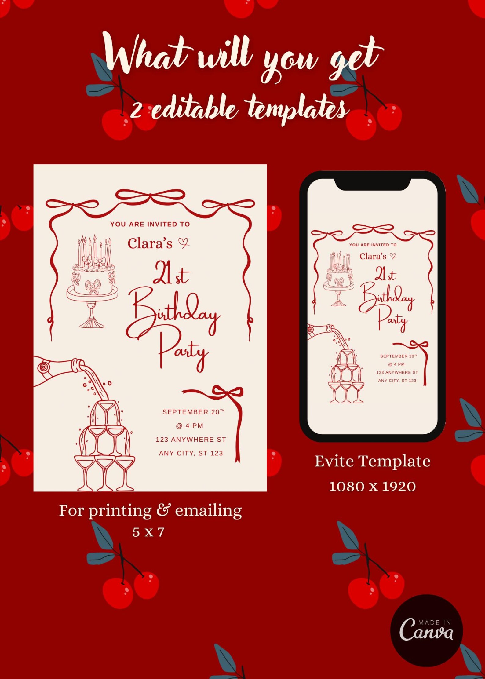Cherry Cake Party Invitation Template - Etsy