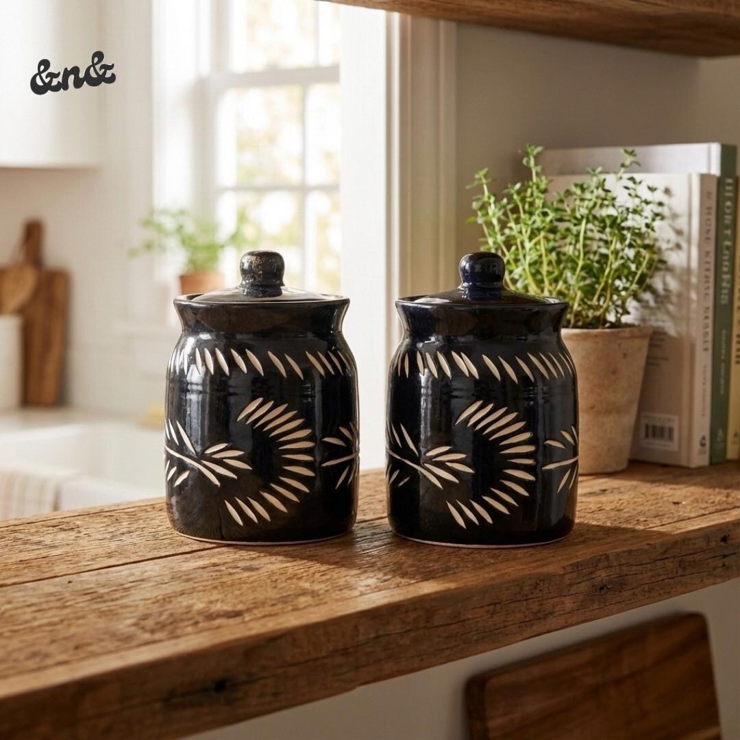 Ceramic Pickle Jars Set of 2 | 1kg Pottery Martban With Lid | Black ...