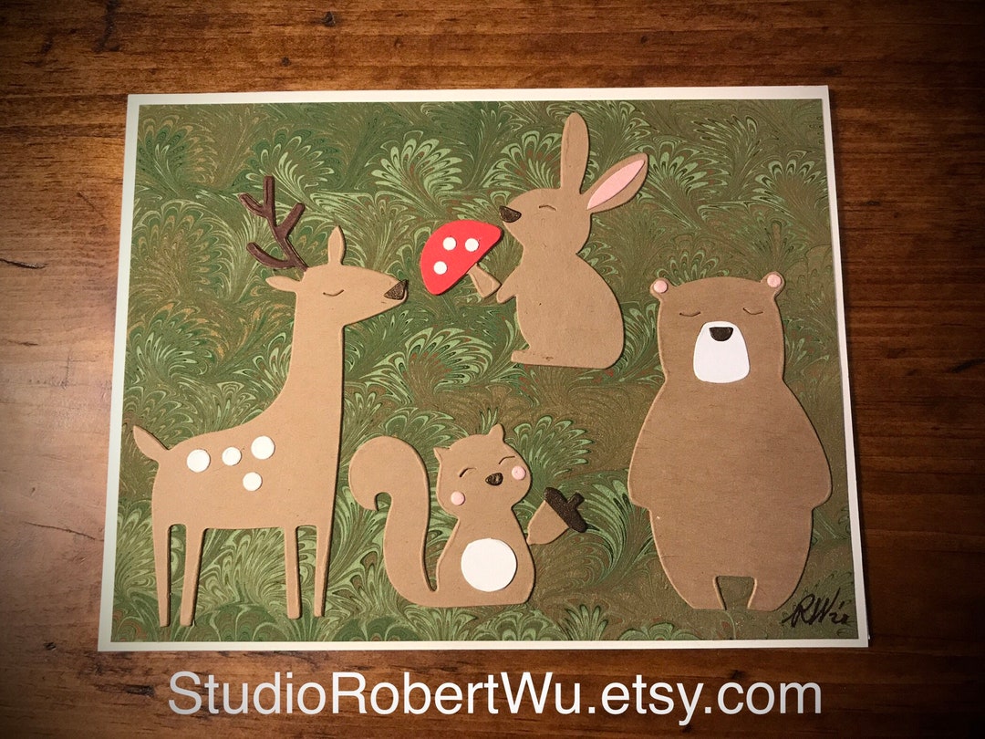 Diecut Cute Forest Friends Greeting Card With Marbled Paper - Etsy