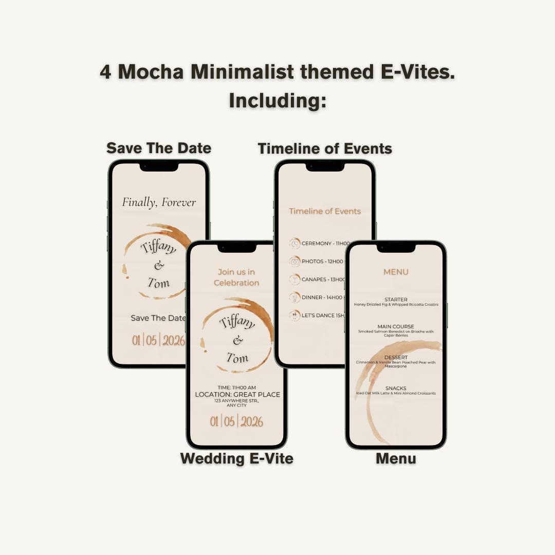 Mocha Minimalist Wedding E-vite Bundle, Modern Brunch Menu (canva ...