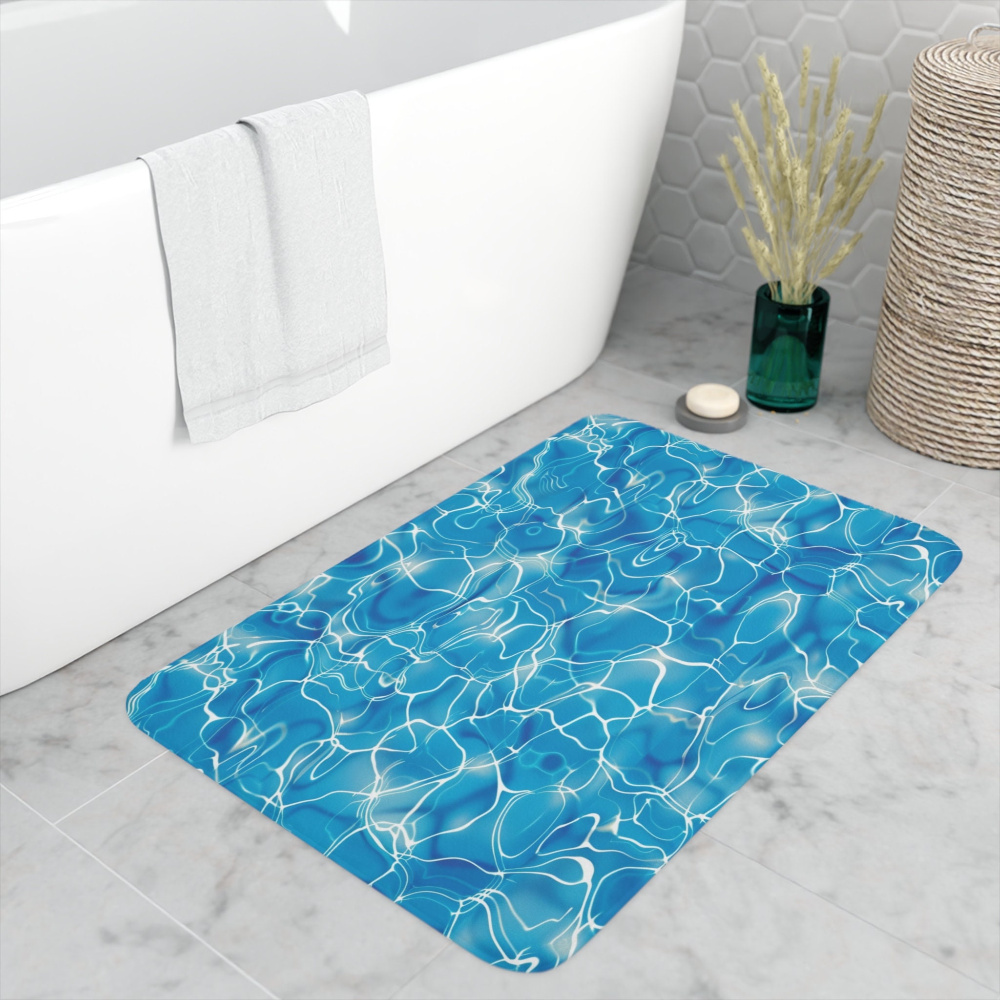 Swimming Pool Ripples Blue Memory Foam Bath Mat, Blue Bathroom Decor ...