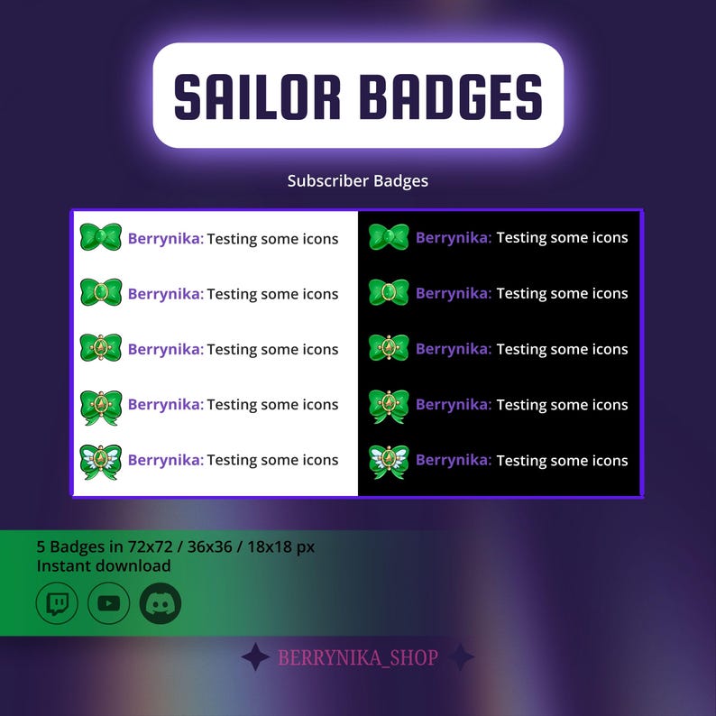 Cute, Kawaii Sailor Girl Bow Twitch Badges| Discord Icons | Green Color ...