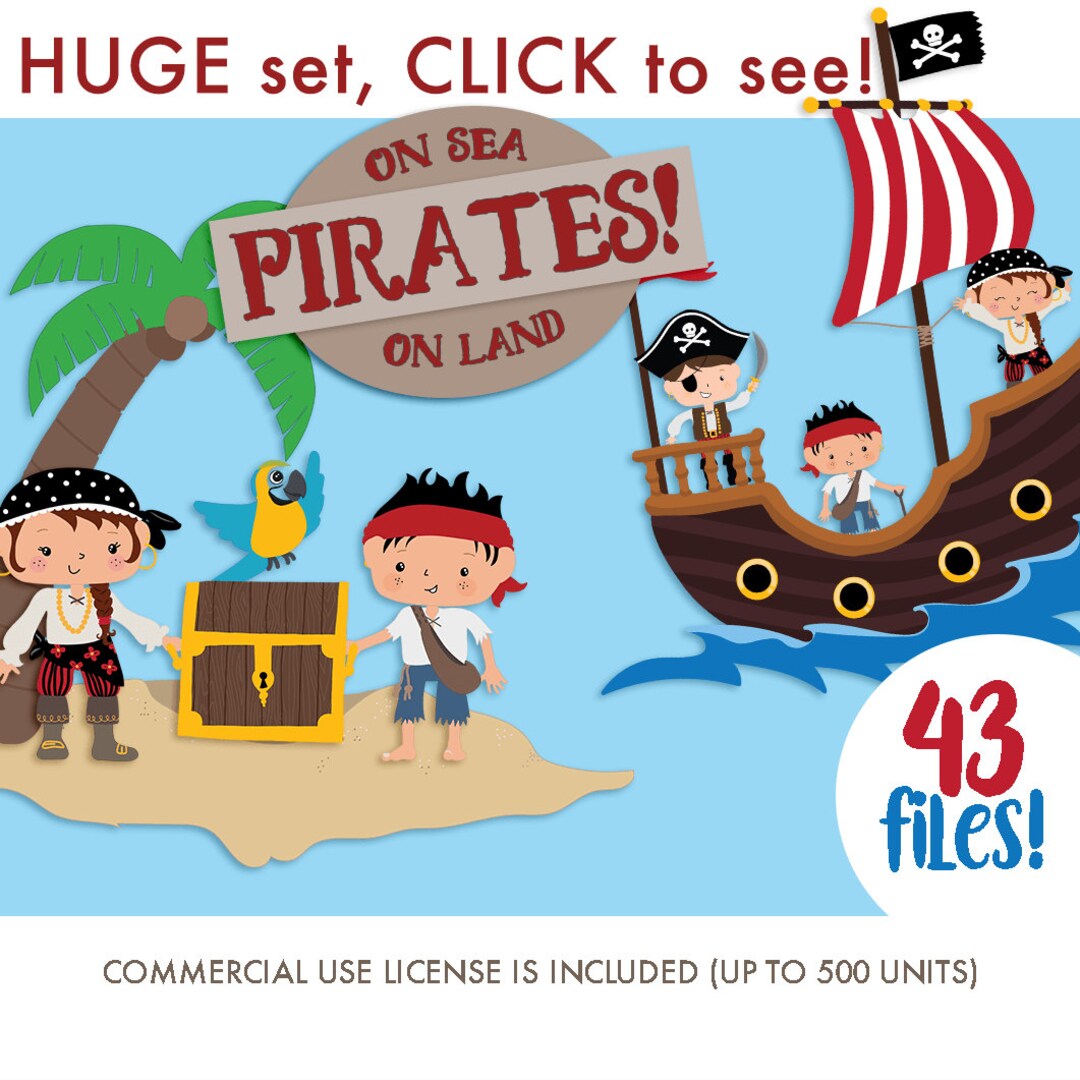 Pirate Clipart - Pirate Ship Clip Art - Treasure Chest Clipart - HUGE ...
