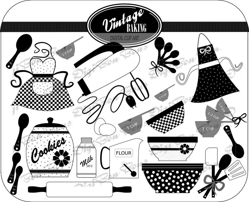 Vintage Baking Digital Clip Art in Black, White, & Gray. Cute, Retro 50 ...
