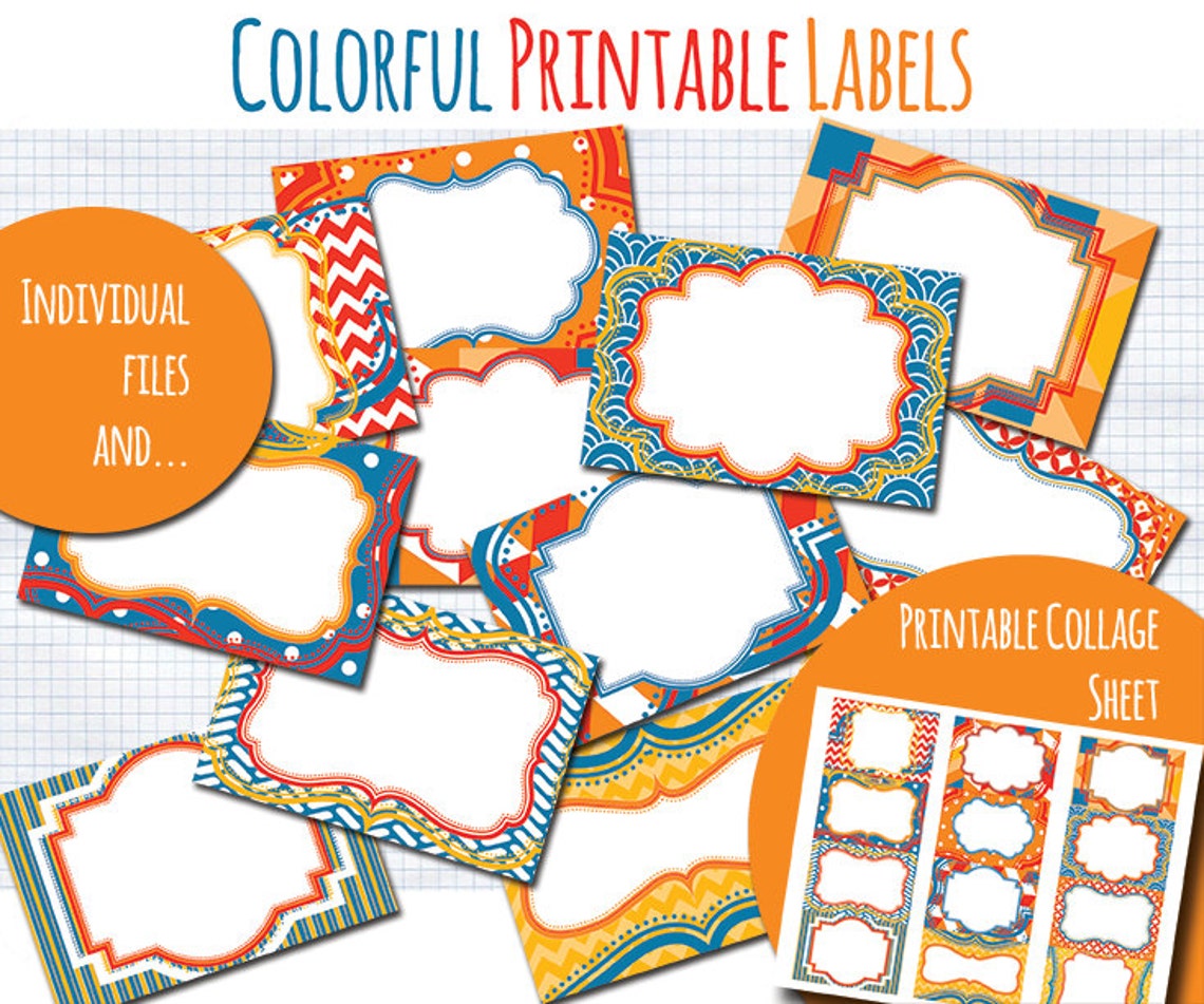 Printable Labels: Colorful Red, Blue, Yellow Digital Collage Sheet ...