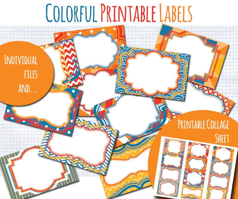Printable Labels: Colorful Red, Blue, Yellow Digital Collage Sheet ...