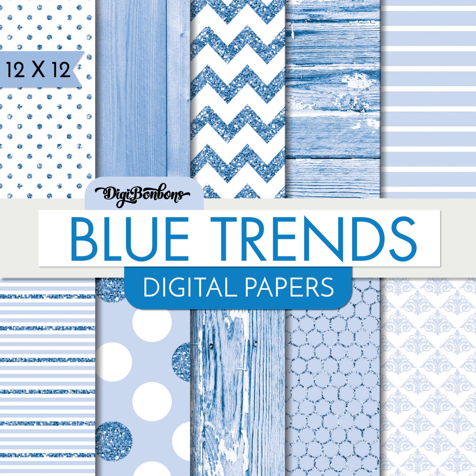 Scrapbook Digital Paper, Blue Patterns, Blue Glitter, Digital Paper ...