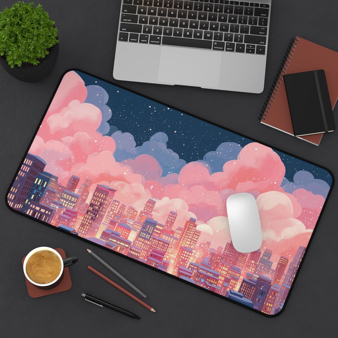 Pink Cloud Cityscape Desk Mat | Dreamy Starry Gaming Mousepad - Etsy