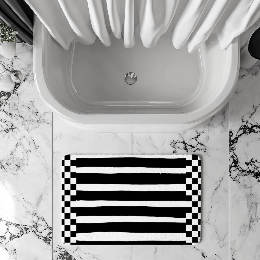Black and White Striped Checker Corner Bath Mat | Modern Geometric ...