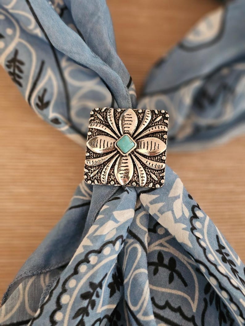 Turquoise Petal Western Bandana Slide, Silver Square Concho Scarf Ring ...