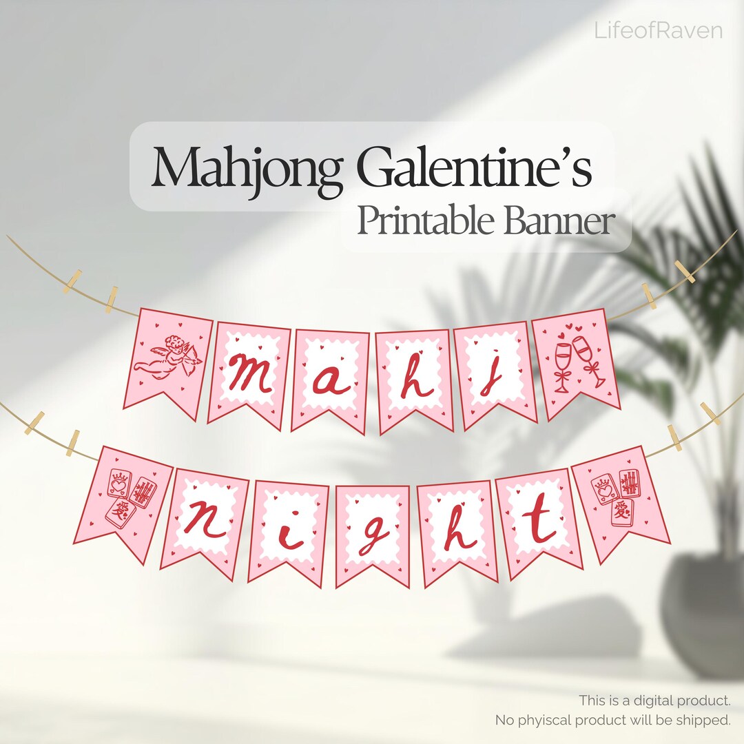 Mahjong Valentine’s Day Printable Banner Pink and Red Mahj Party Decor ...
