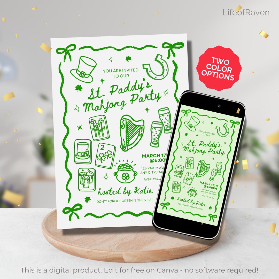 Mahjong St Patricks Day Invitation Template Editable in Canva Green St ...