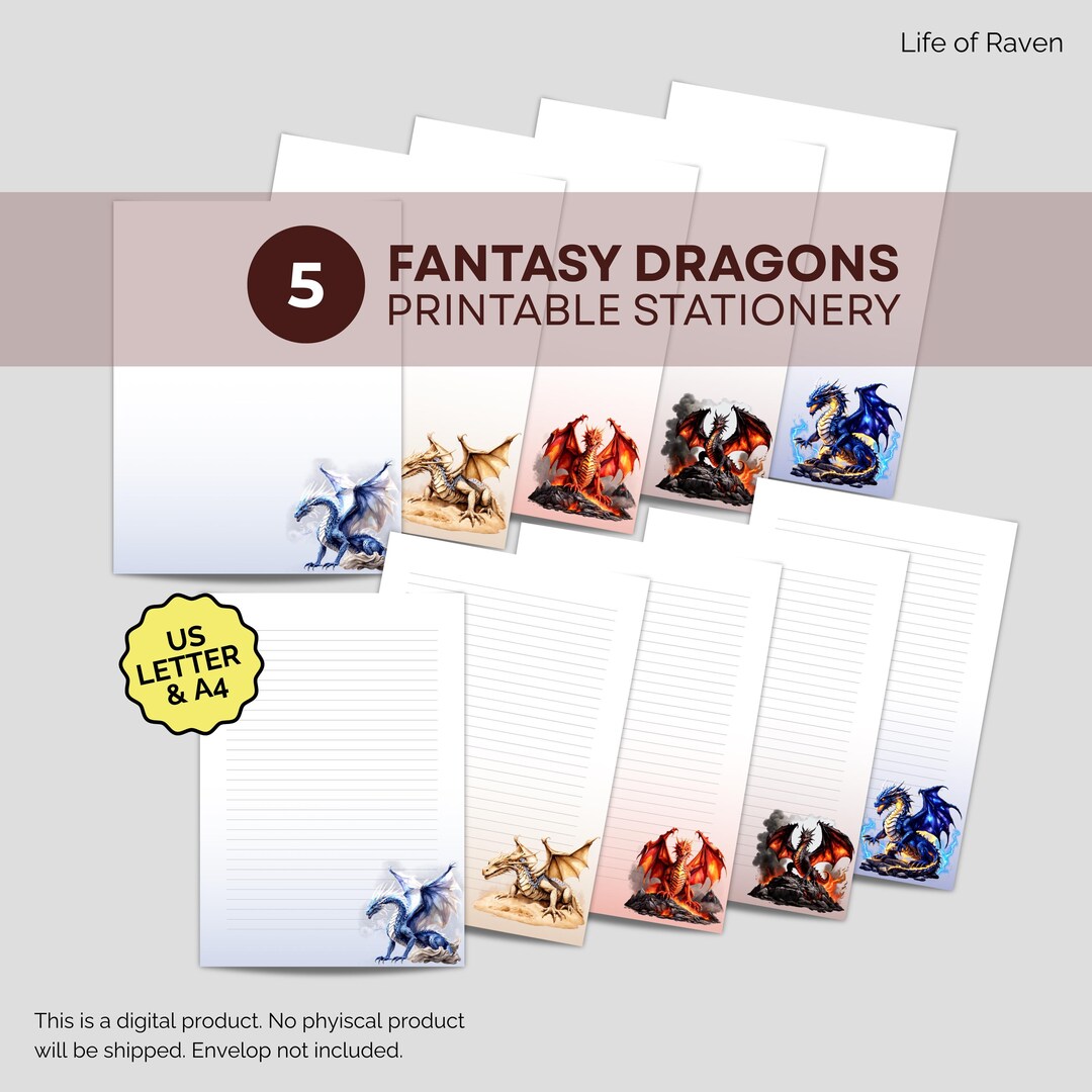 Fantasy Dragon Stationery Printable Mystical Dragons Letterhead US ...