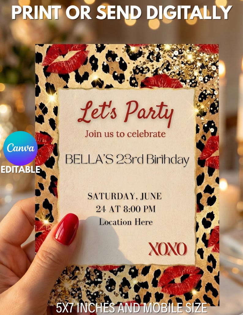 Leopard Birthday Invitation Y2K Party Invite | Cheetah Print & Lipstick ...