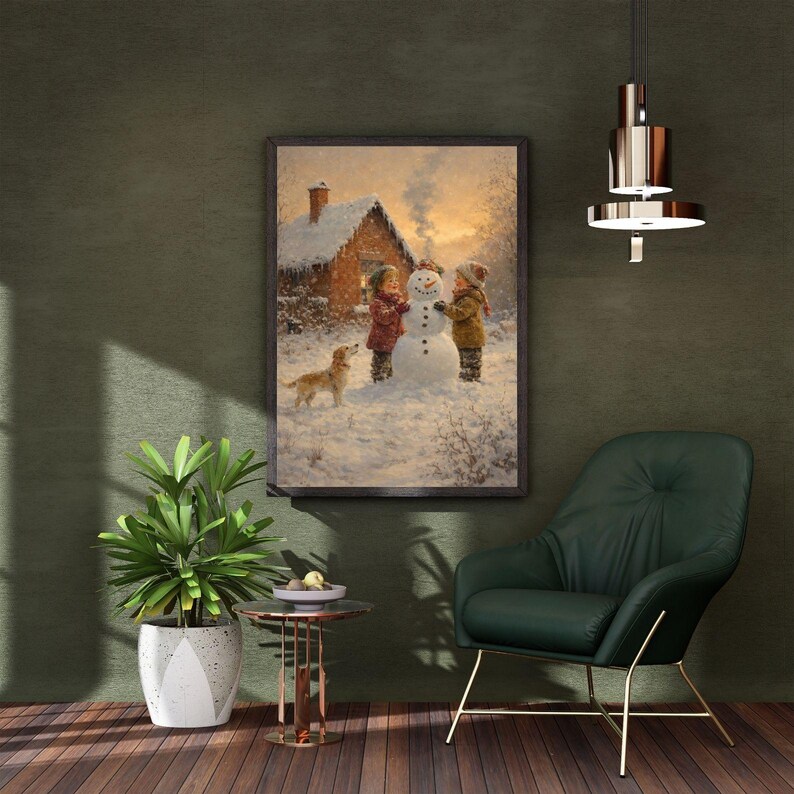 Vintage Winter Cottage Scene Art Prints, Children Building Snowman ...