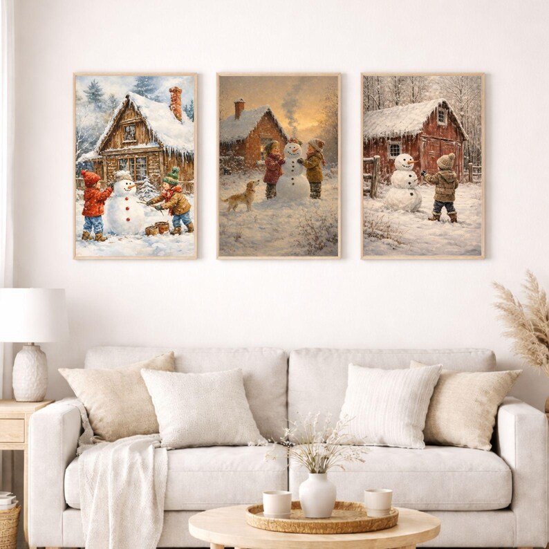 Vintage Winter Cottage Scene Art Prints, Children Building Snowman ...