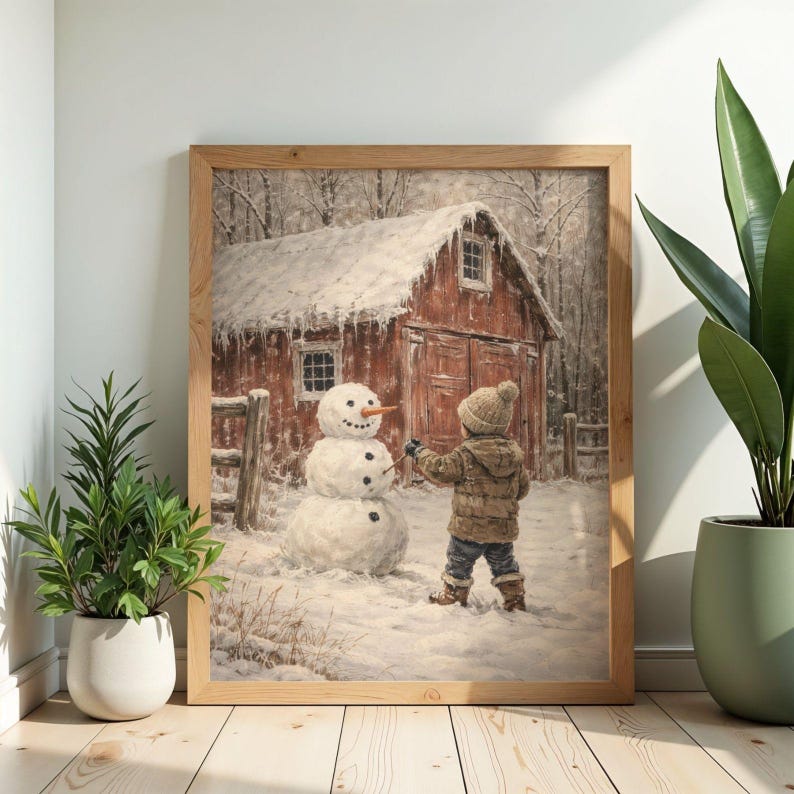 Vintage Winter Cottage Scene Art Prints, Children Building Snowman ...