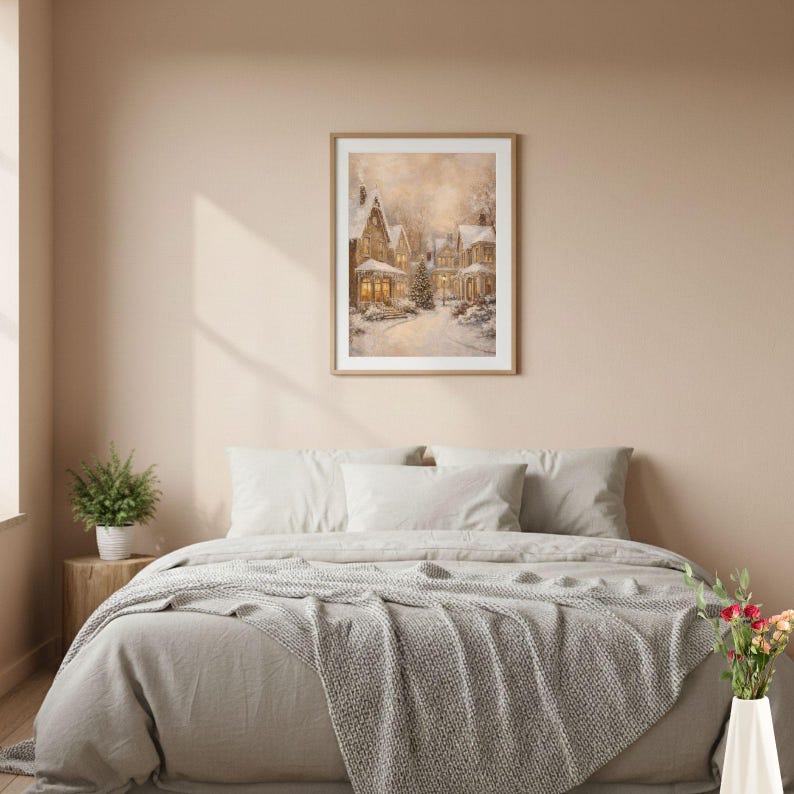 Vintage Winter Christmas Village Wall Art Printable, Snowy Holiday Town ...