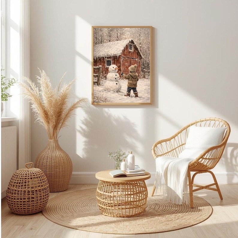 Vintage Winter Cottage Scene Art Prints, Children Building Snowman ...