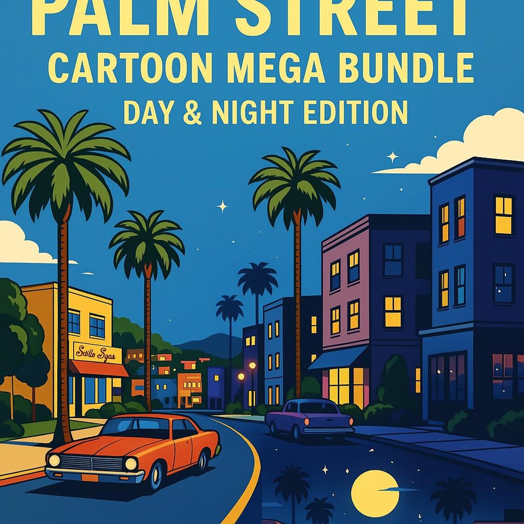 Retro California Cartoon Art Pack | Palm Street Day & Night Scenes (PNG ...